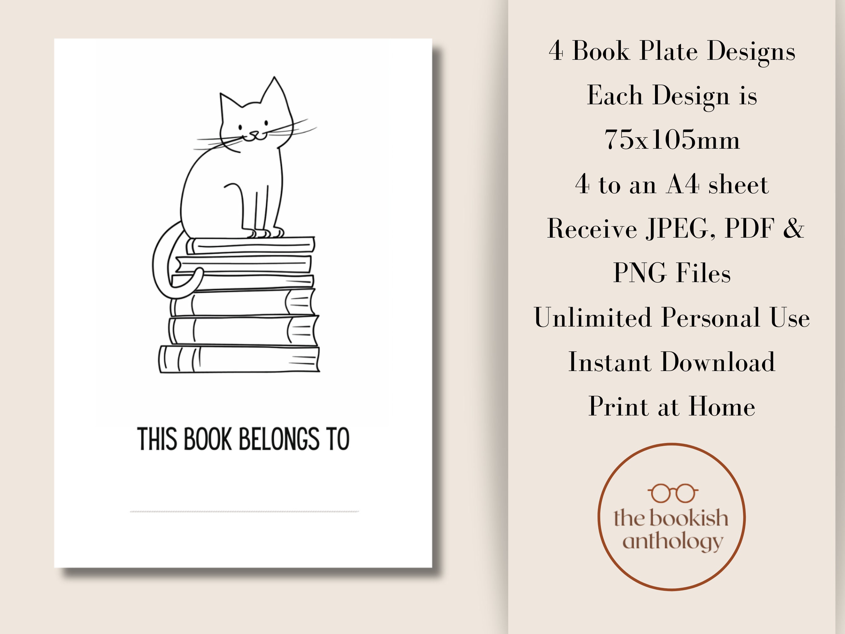 Cute Cat Printable Book Plates Book Stack Cat Book Plate Cat Lover Book ...