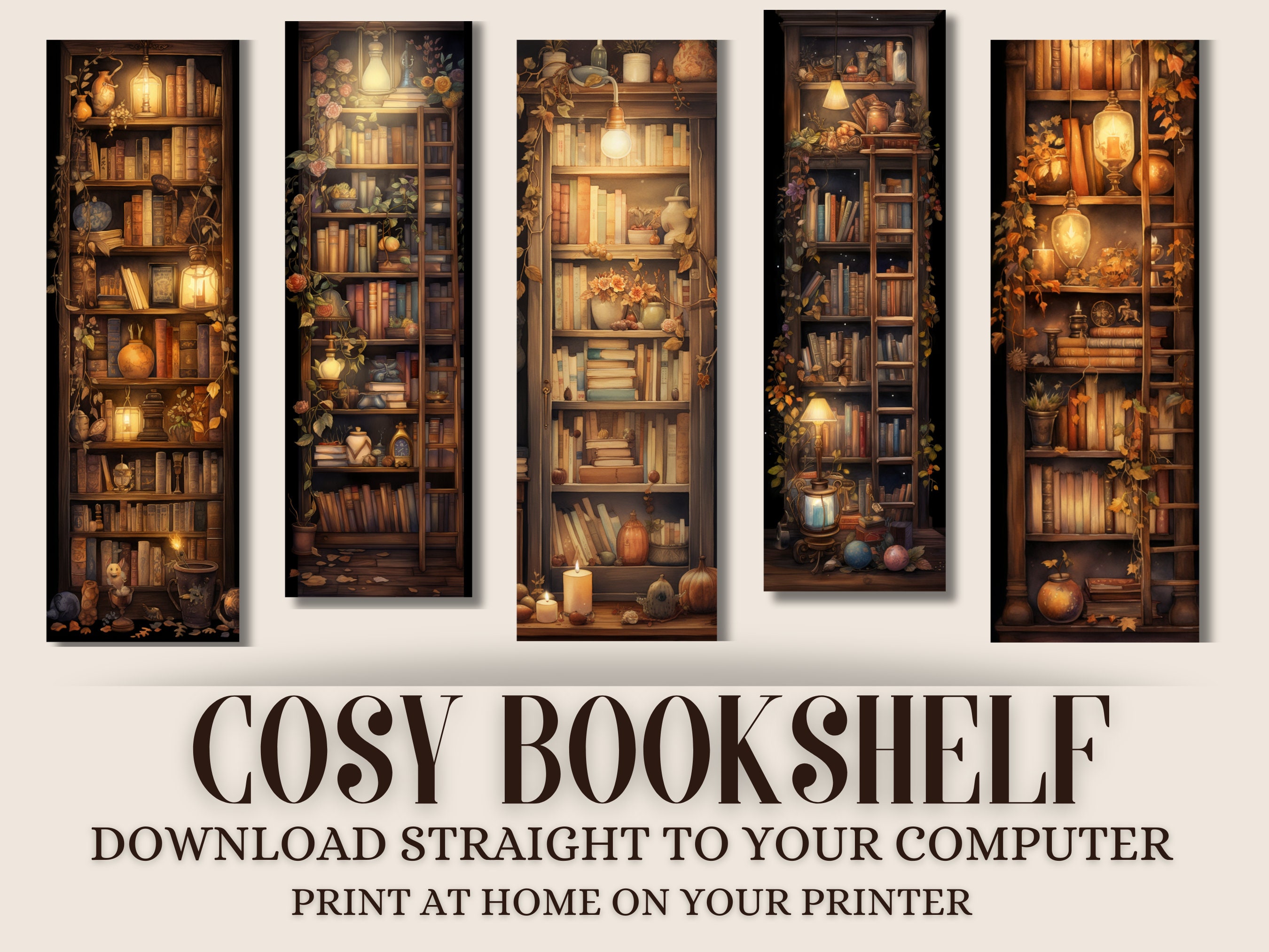 Set of 10 Cozy Bookmarks Printable Bookshelf Bookmark for Bookworm ...