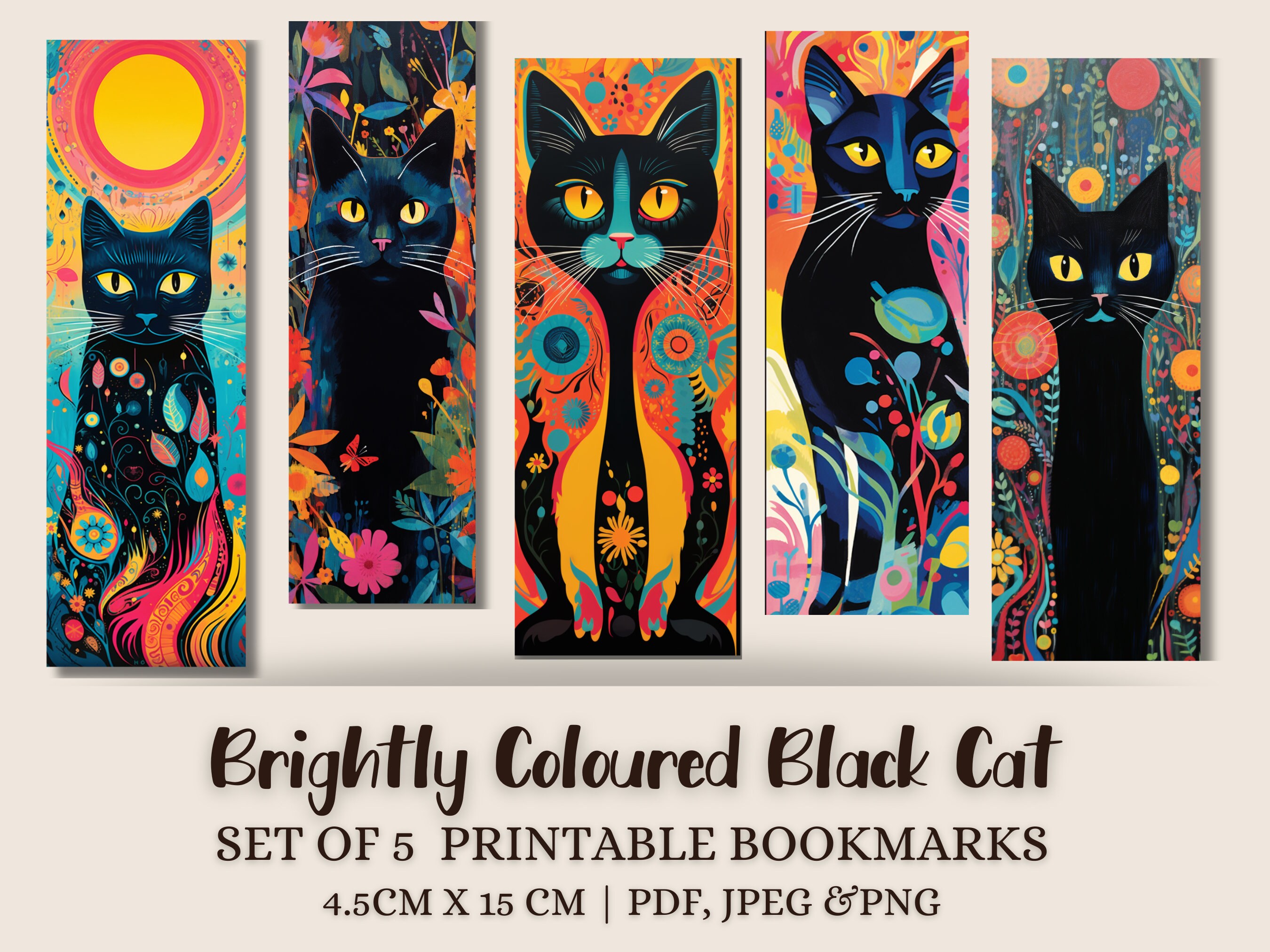 5 Black Cat Printable Bookmarks | Colourful Cat Bookmark | Cute Cat ...