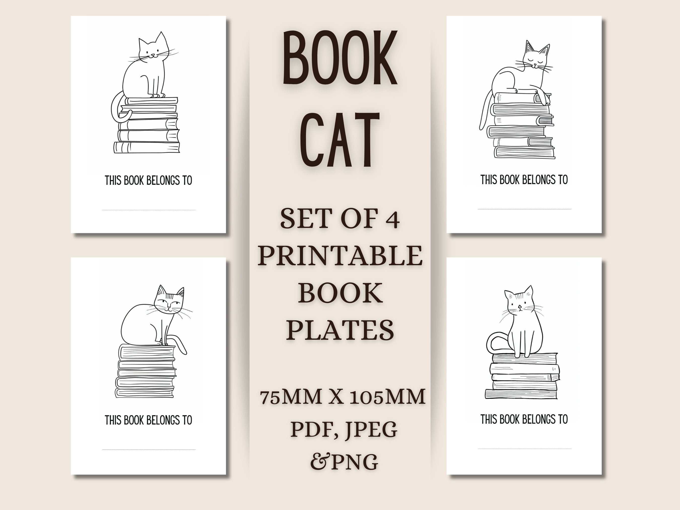 Cute Cat Printable Book Plates Book Stack Cat Book Plate Cat Lover Book ...