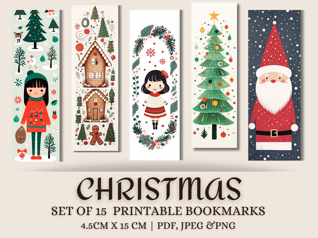 Christmas Printable Bookmarks: Festive Designs, Set of 15 (digital ...
