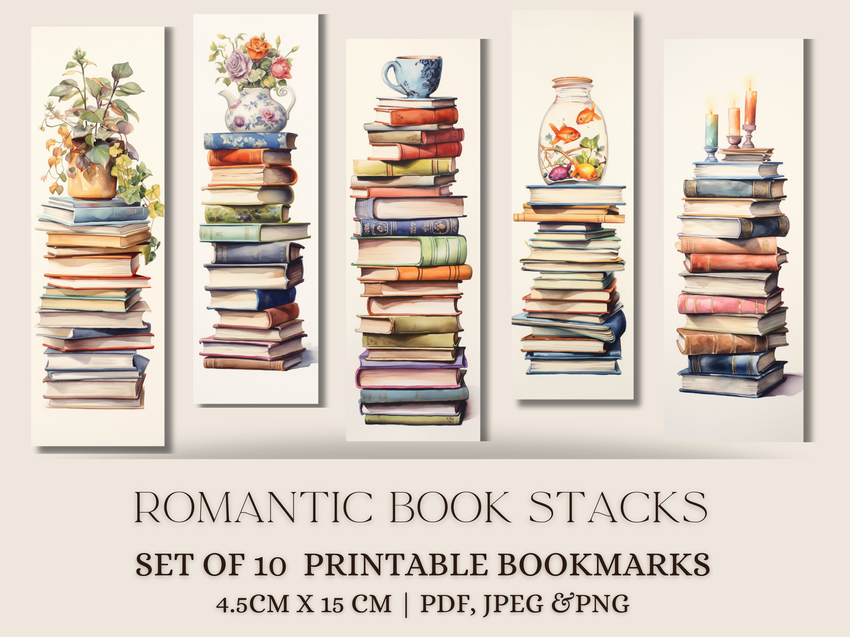 Vintage Romantic Book Stack Printable Bookmarks | Romance Bookmarks | Book Stack Bookmark ...