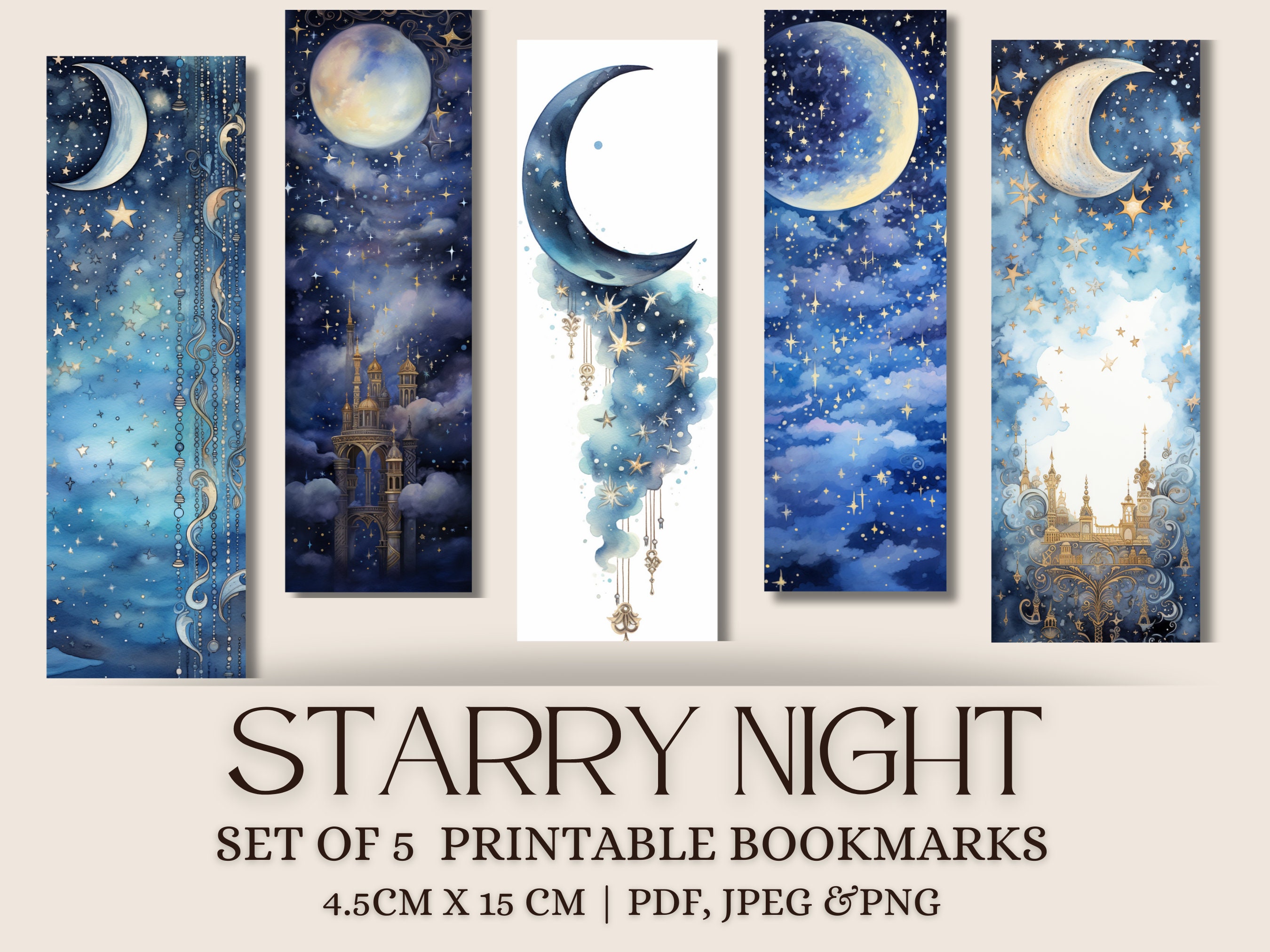 Set of 5 Watercolor Starry Night Bookmark Printable Night Sky Bookmark ...