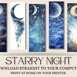 Set of 5 Watercolor Starry Night Bookmark Printable Night Sky Bookmark ...