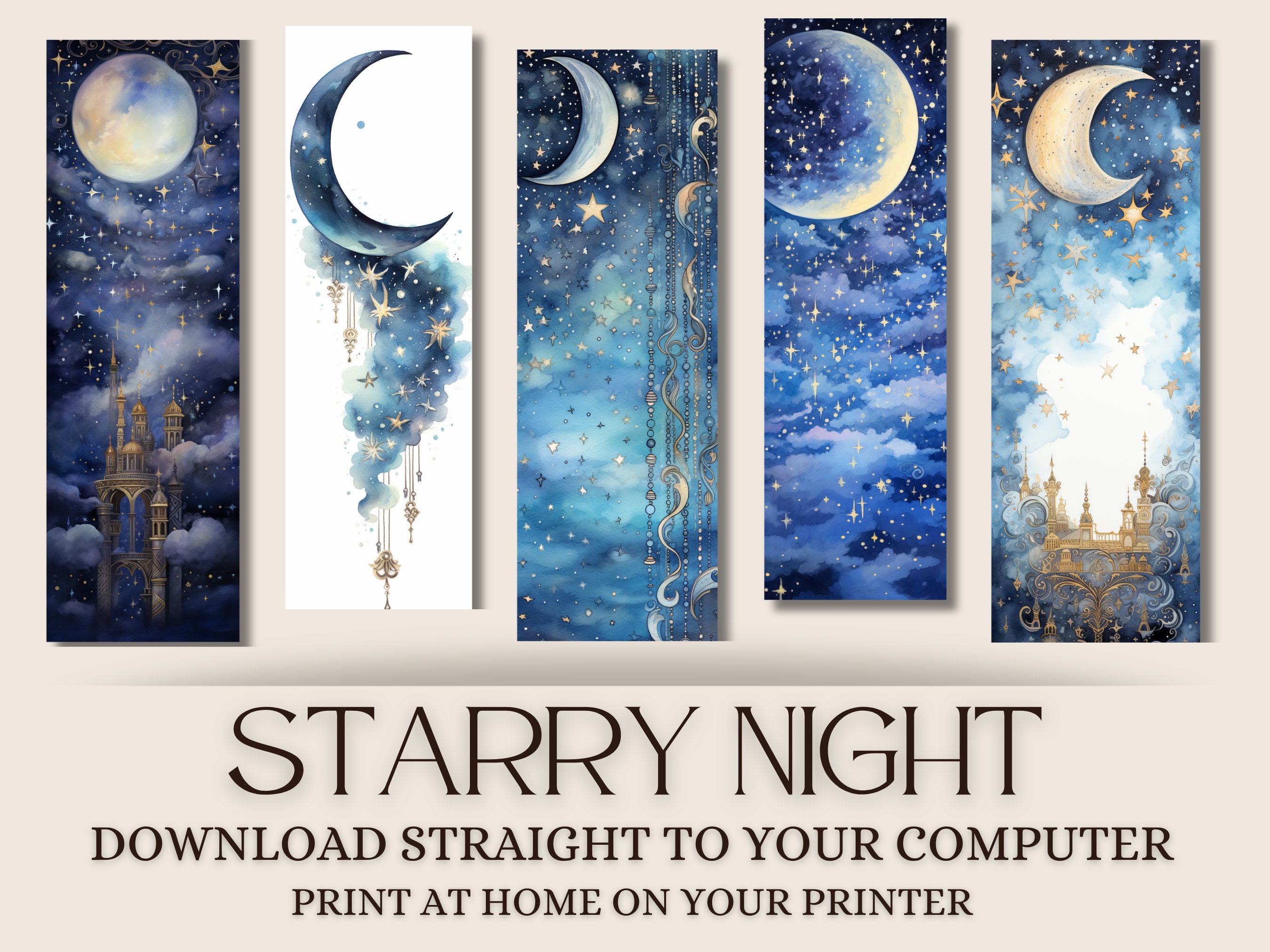 Set of 5 Watercolor Starry Night Bookmark Printable Night Sky Bookmark ...