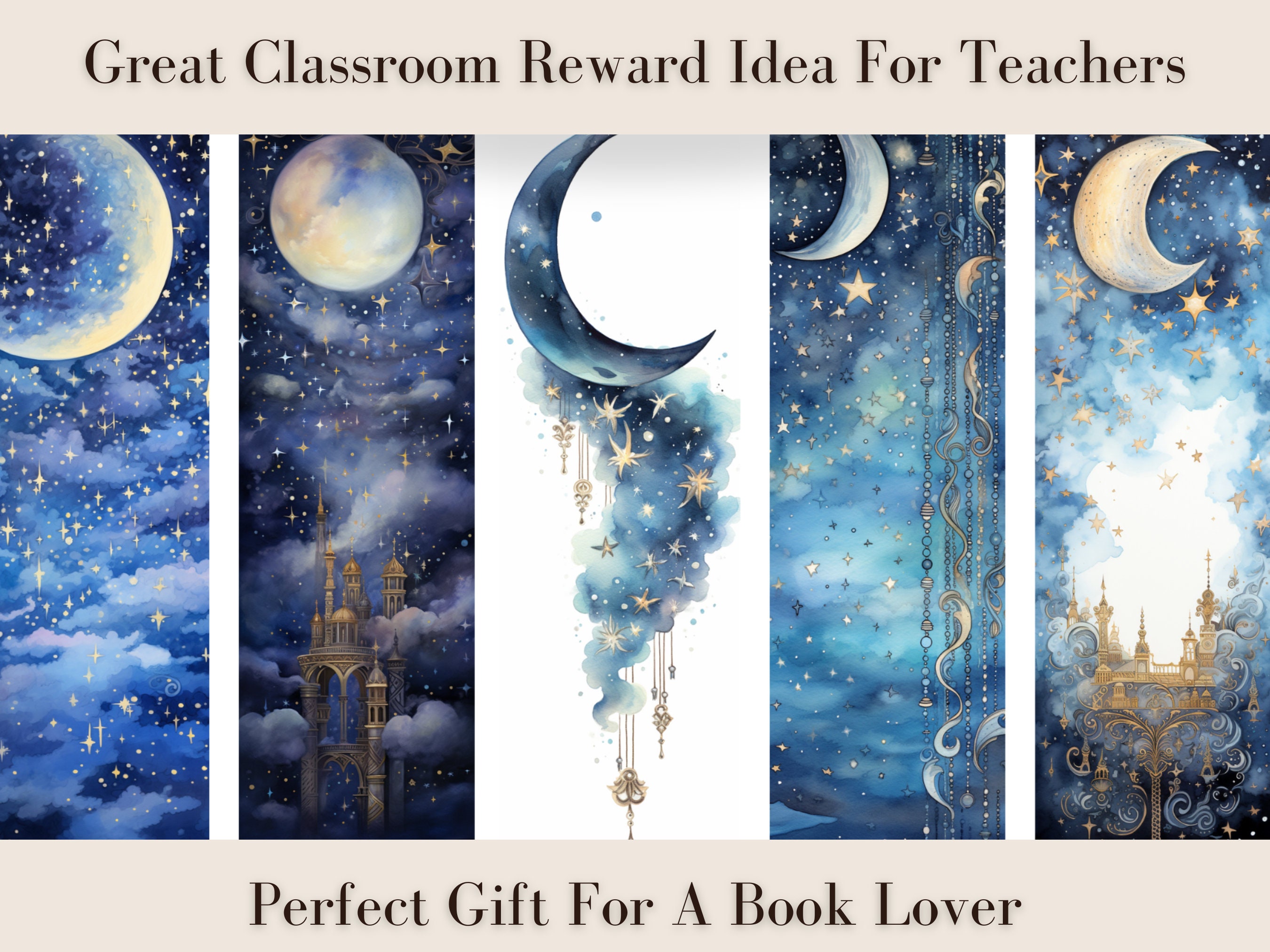 Set of 5 Watercolor Starry Night Bookmark Printable Night Sky Bookmark ...
