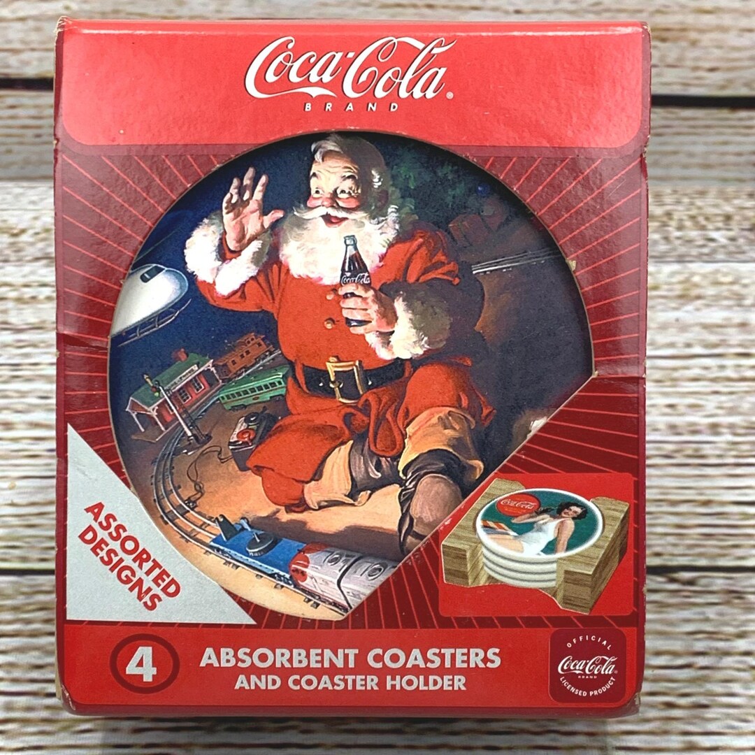 Coca-cola Santa Train Absorbent Stone Coasters 4 Pack With Holder ...
