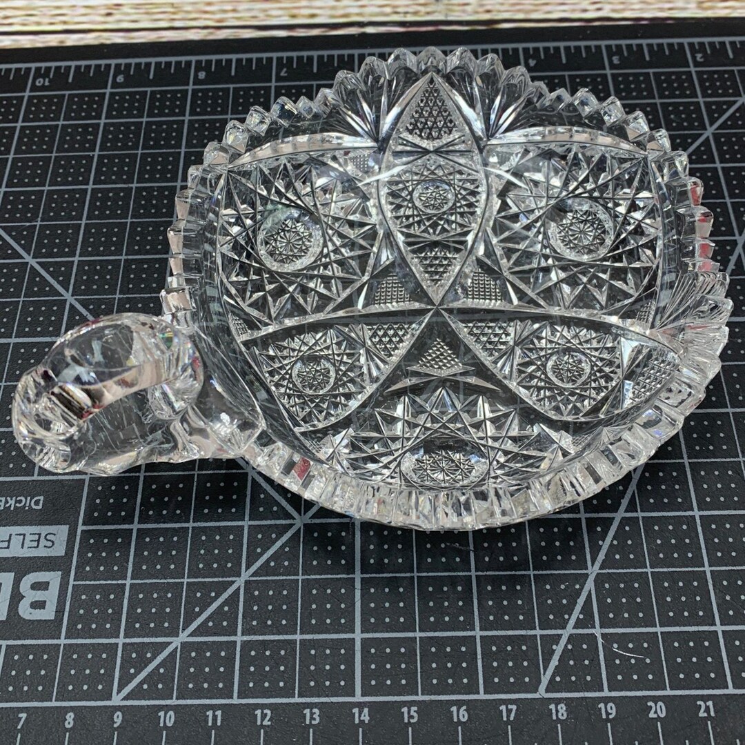 Vintage Cut Crystal Glass Dish With Handle Ornate Fan Shape Serving ...