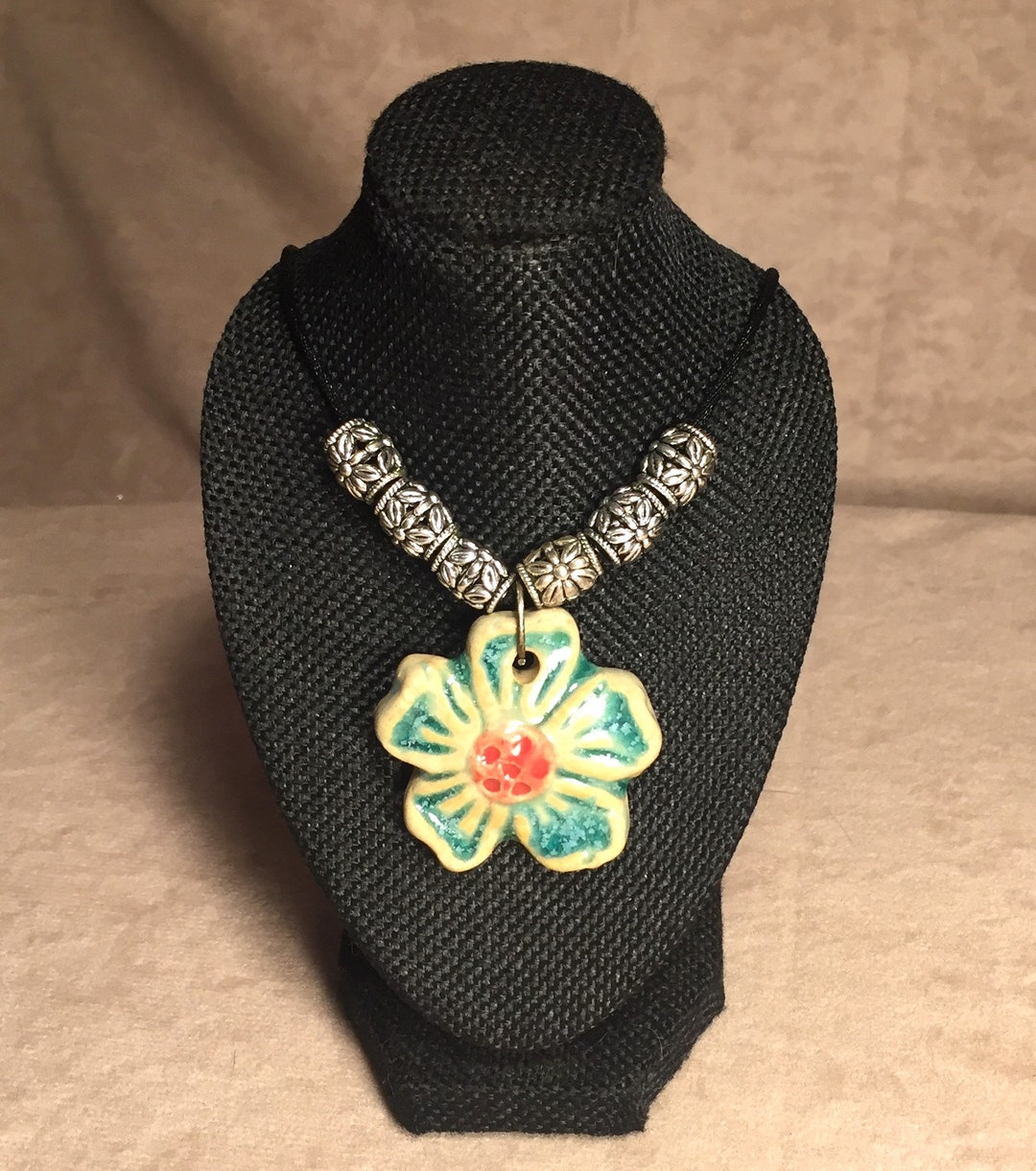 Green Clay Stone 1 1/2 Hibiscus Flower Pendant Charm & Antique Silver ...