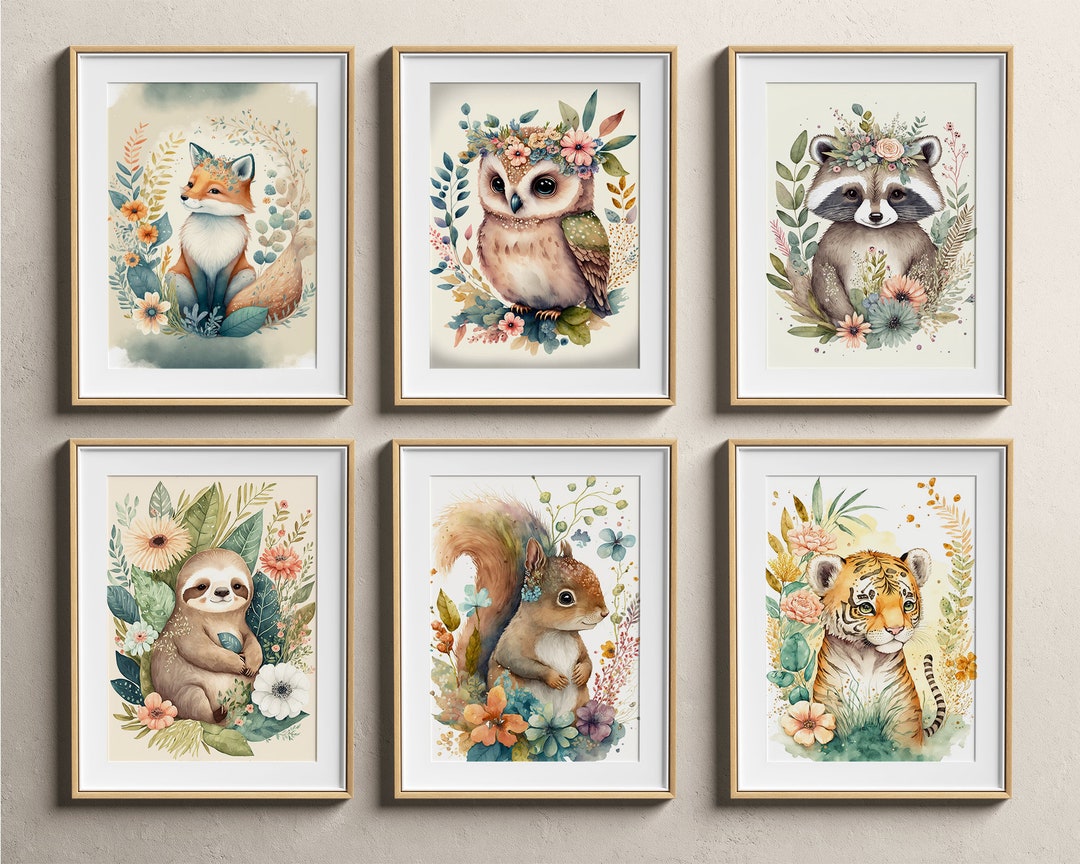 Set of 6 Cute Animal Prints, Watercolor Digital Painting, Printable ...
