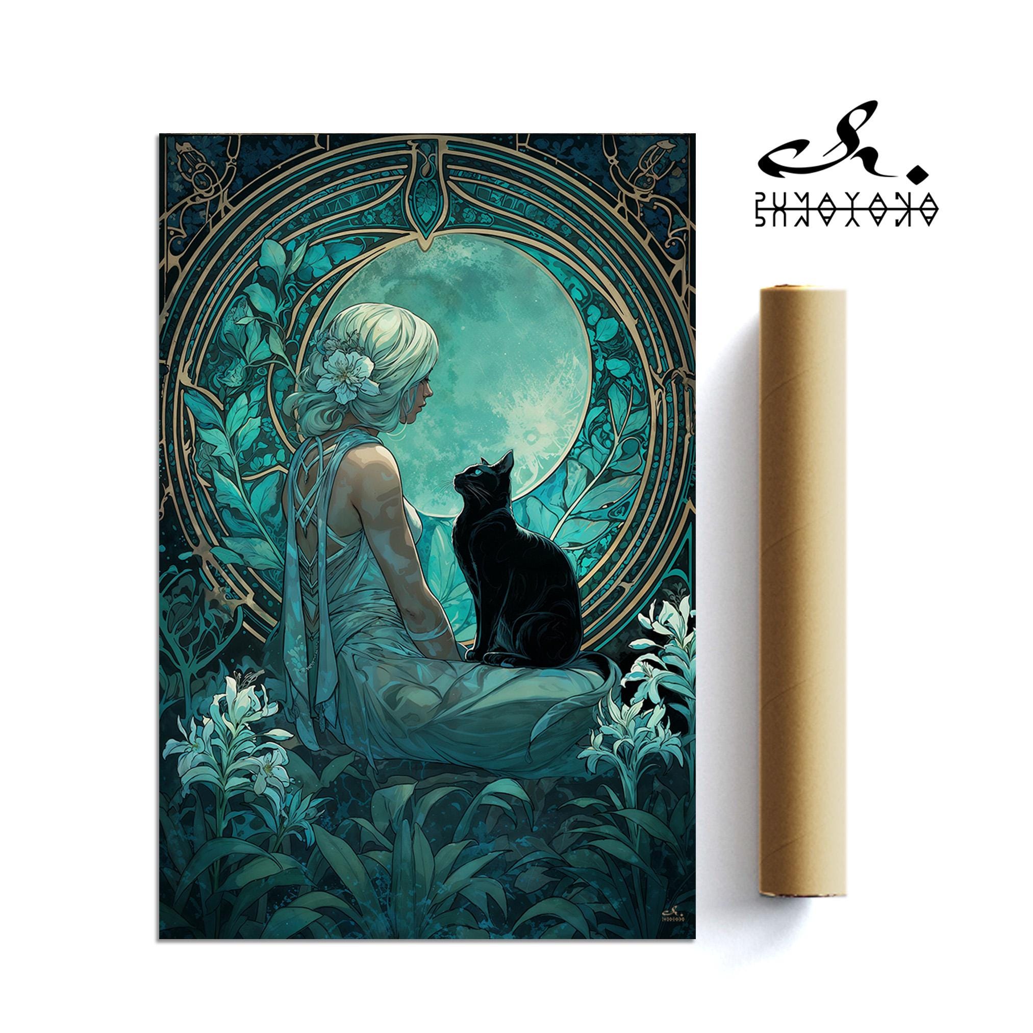 Moon Goddess Black Cat Art Nouveau Poster: Feminine Divine Artwork - Etsy