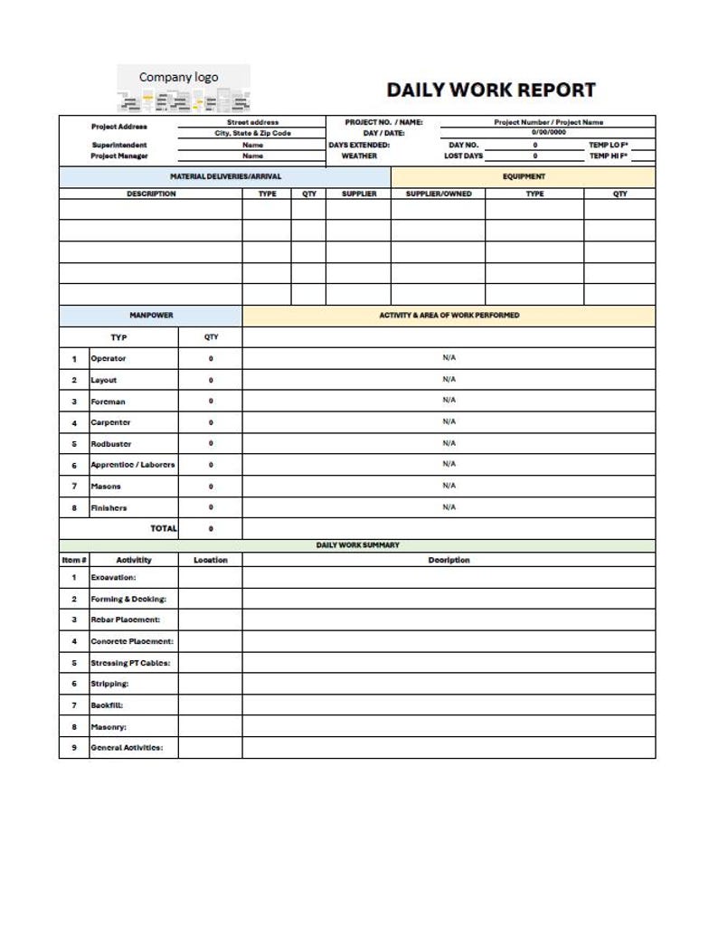 Construction Daily Report Template – Excel Spreadsheet for Site Reports ...