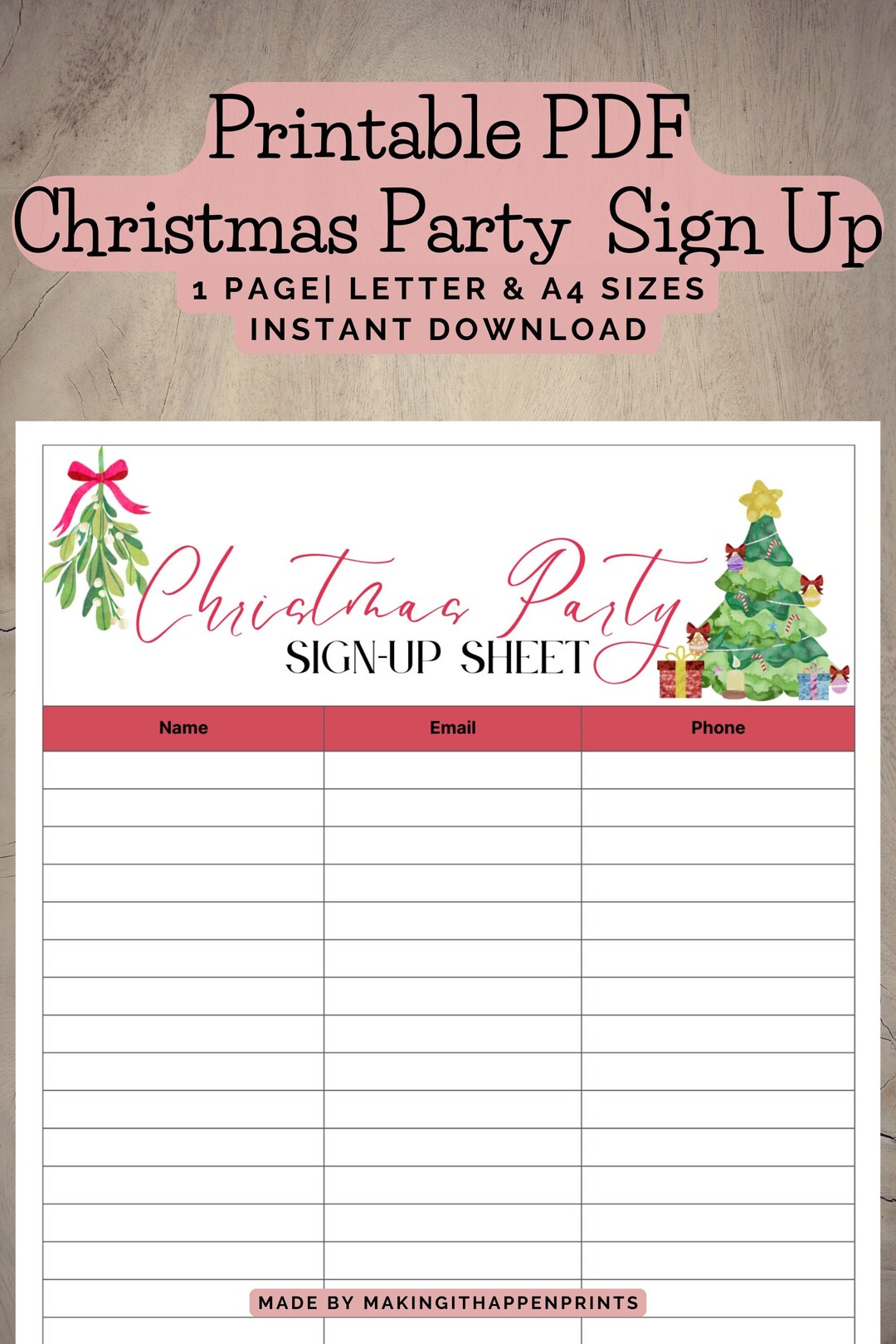 Non-editable Christmas Party Sign up Sheet for Christmas Party - Etsy