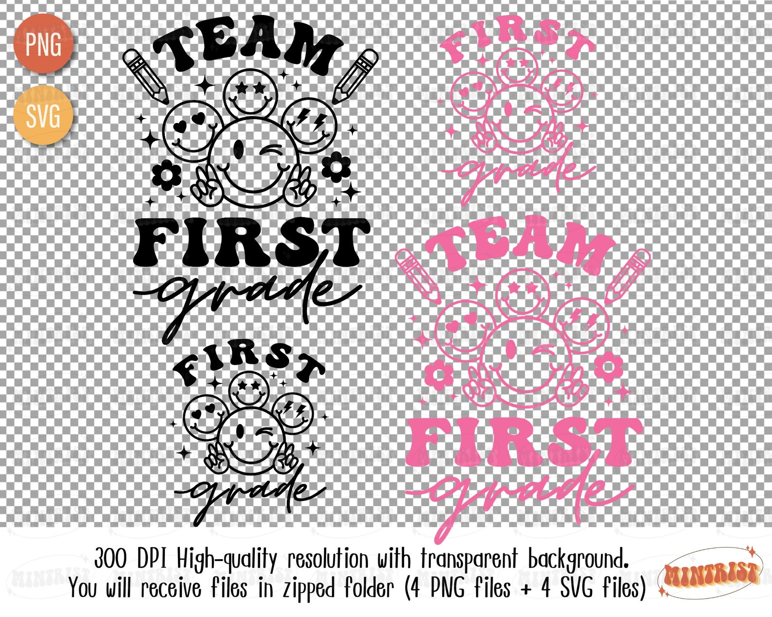 Team First Grade Svg, Retro Smiley Face, Back to School Png, 1st Grade ...