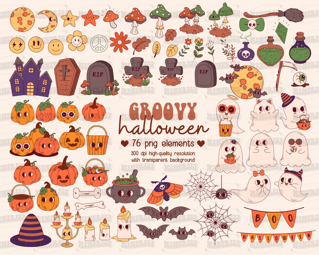 Cute Groovy Retro Halloween Clipart Bundle, Sublimation Bundle, PNG ...