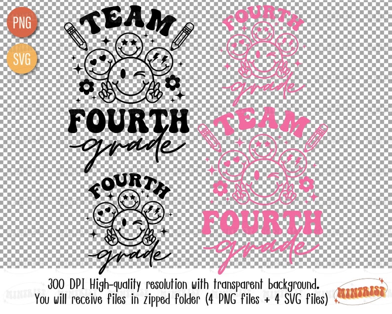 Team Fourth Grade Svg, Retro Smiley Face, Back to School Png, 4th Grade ...