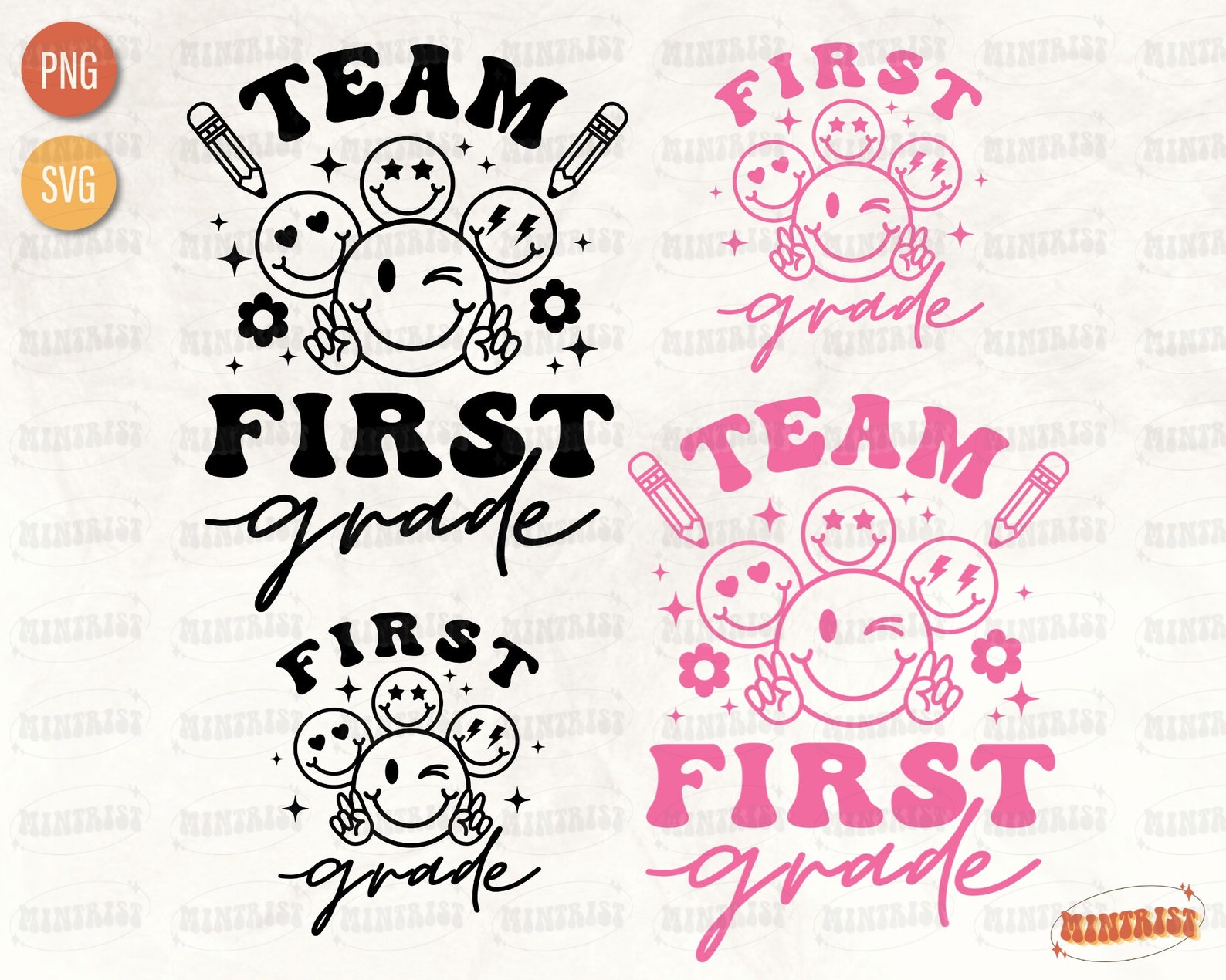 Team First Grade Svg, Retro Smiley Face, Back to School Png, 1st Grade ...