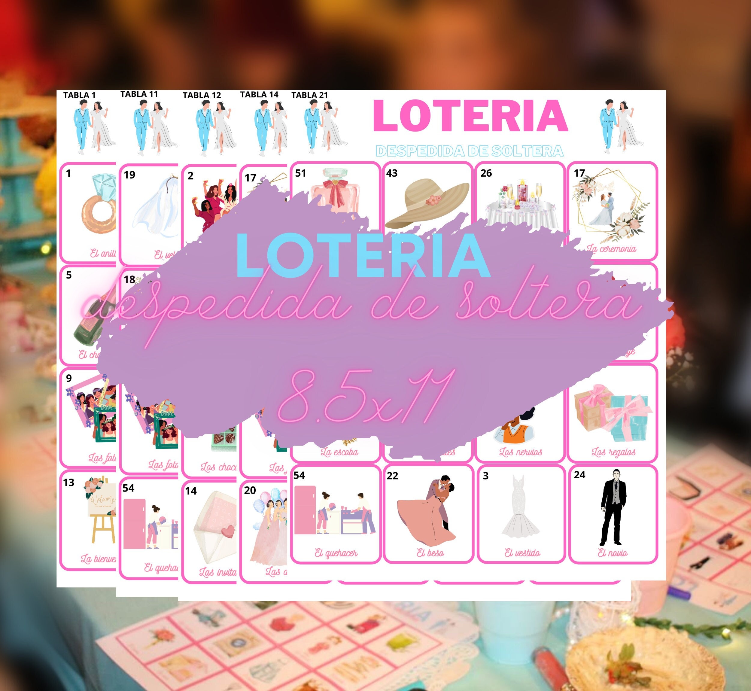 Lottery for Bachelorette Parties 8.5x11in 23 Tables /54 Cards/ PNG ...
