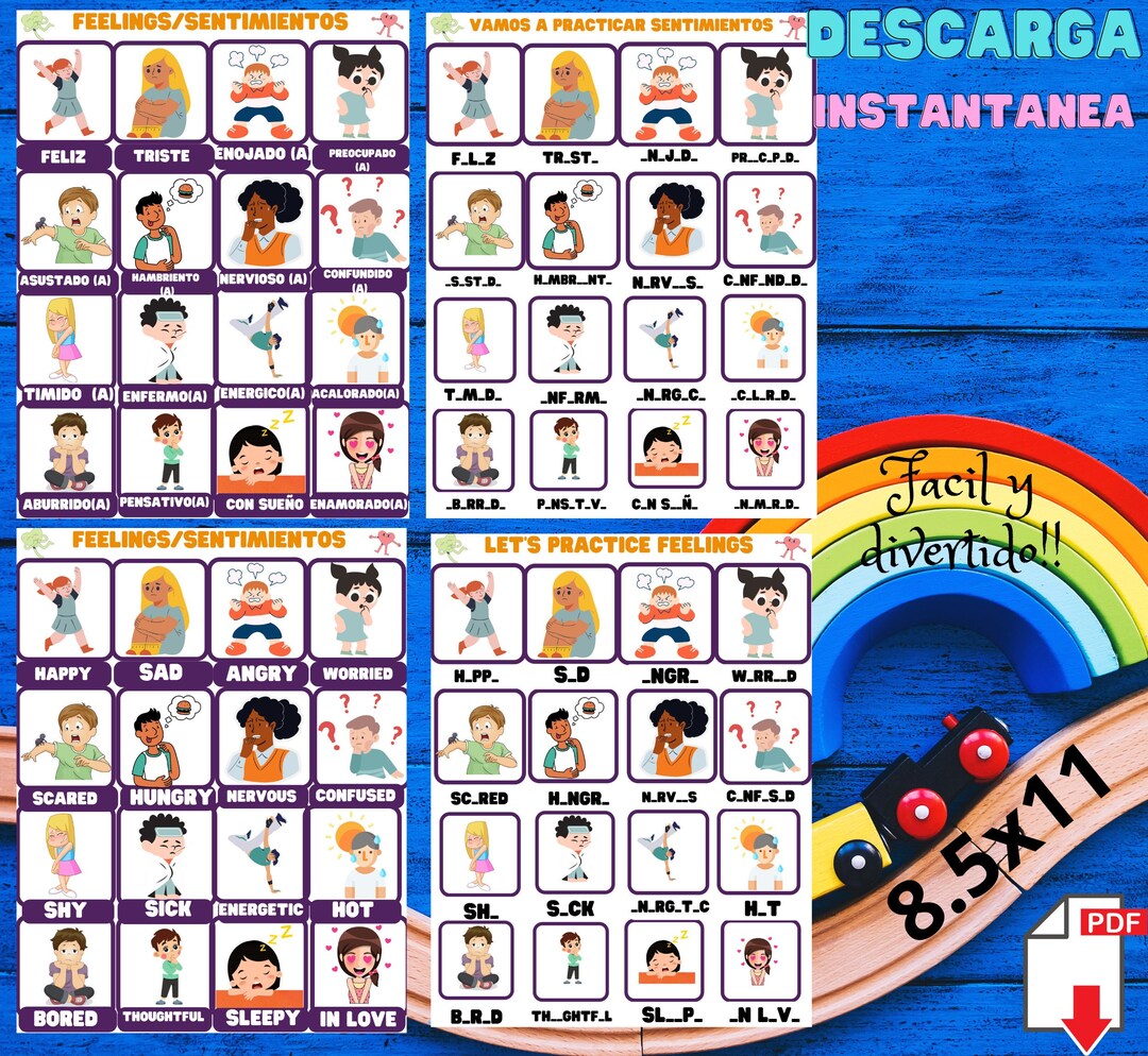 Feelings/ Feelings in English and Spanish 8.5 X 11 With 16 Emotions for ...