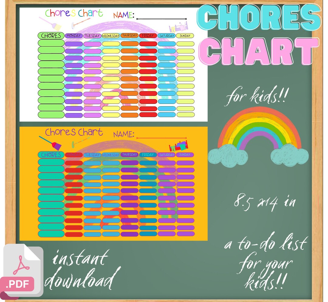 Printable Chore Chart for Kids, 8.5 X 14 in (legal Size) 2 Sheets of ...