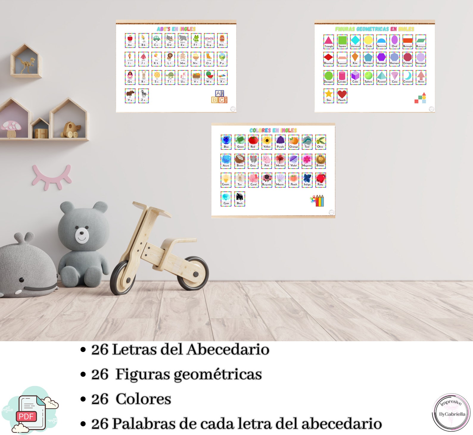 3 Posters Let's Learn English, Alphabet, Geometric Figures, Colors 78 ...