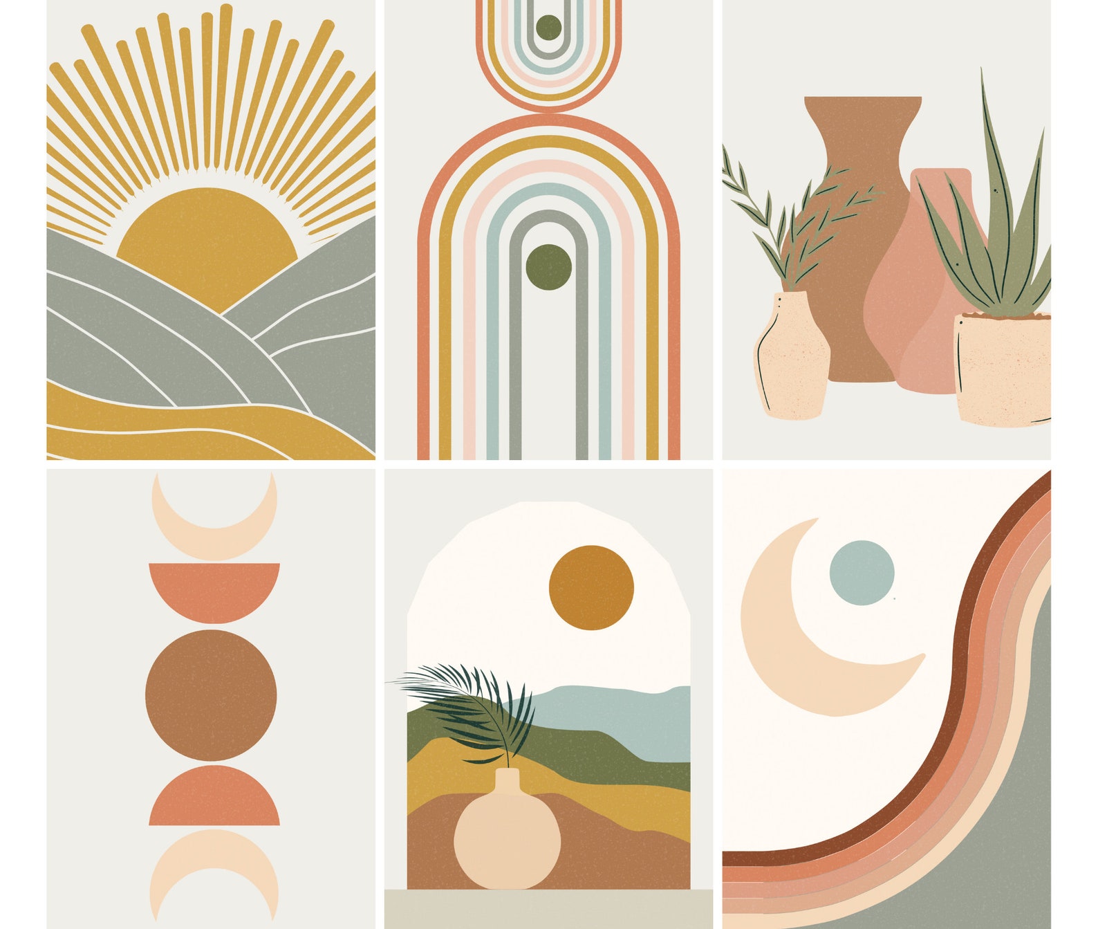 Set of 6 Earth Botanical Prints, Boho Wall Art, Midcentury Design ...