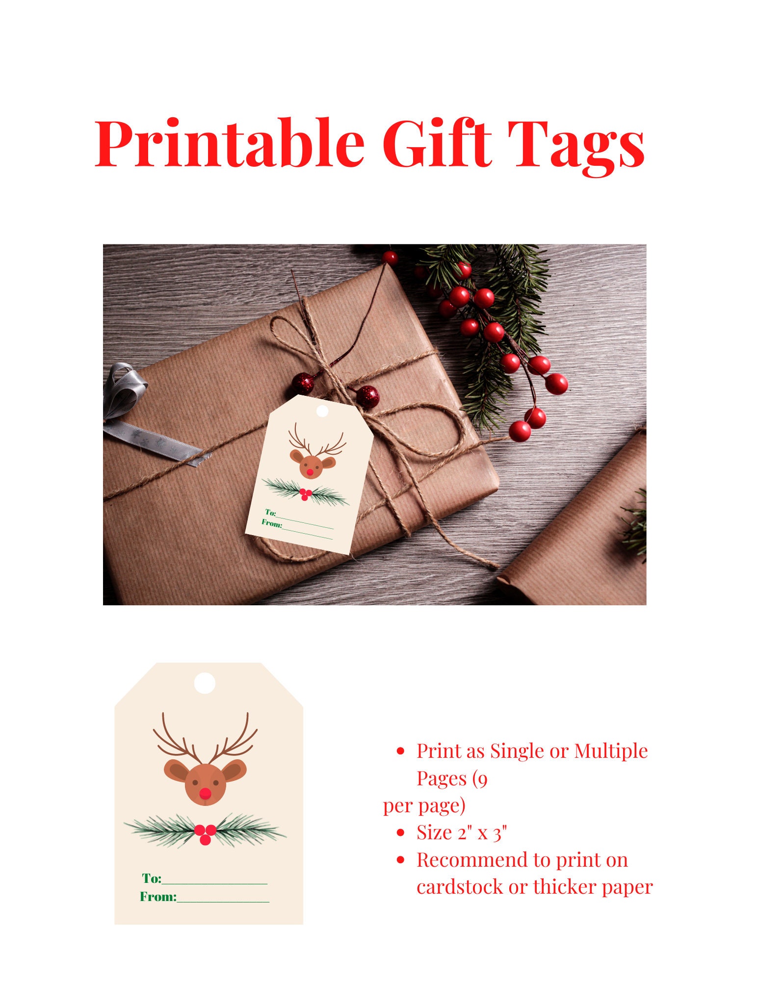 Reindeer Christmas Printable Tag - Etsy