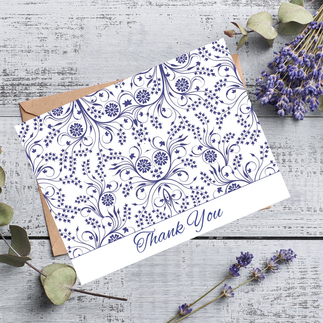 Elegant Blue Floral Thank You Card Set Greeting Cards With Envelopes ...
