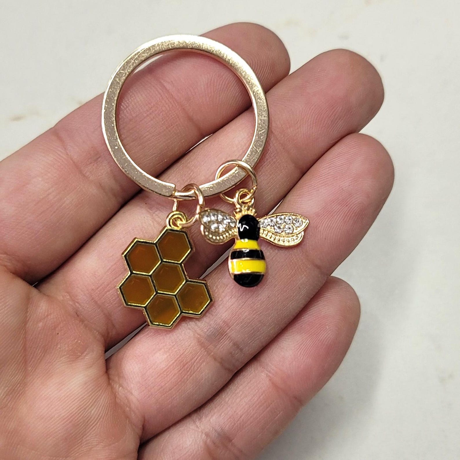 Bee & Honeycomb Keychain With Rhinestone Bee Pendant Dangle Key Ring ...