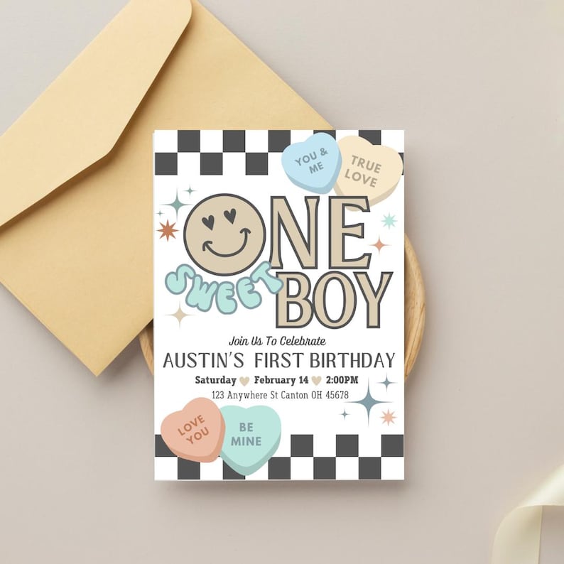Boy First Birthday Invite, Valentines Day Birthday for Boy, One Sweet ...