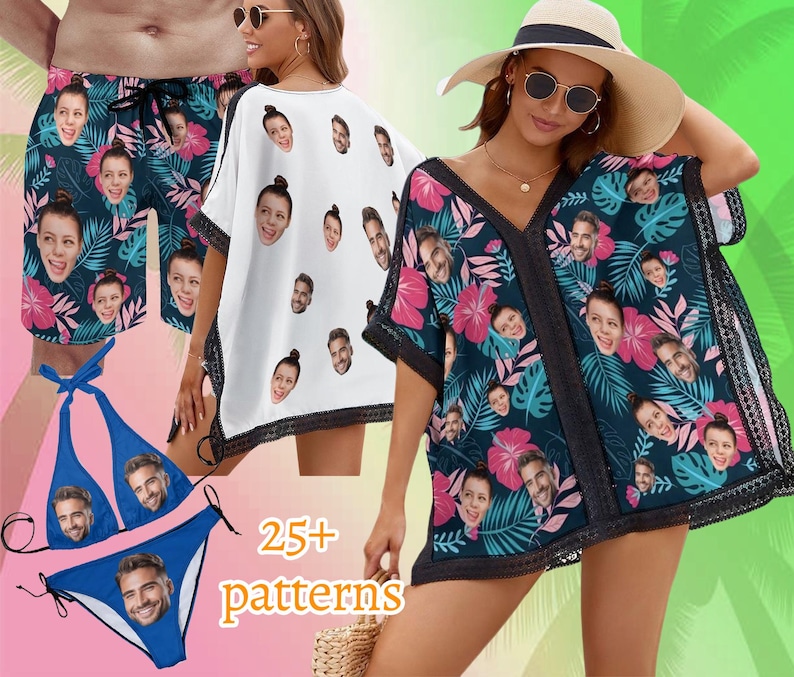Custom Faces on Beach Swim Cover and Swim Trunk, Custom Face Bikini Set ...