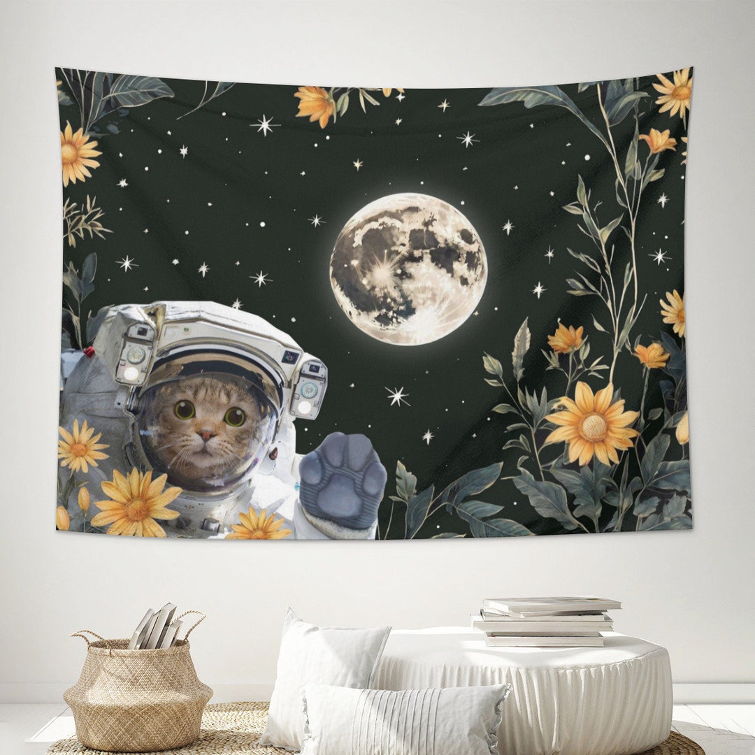 Cat Tapestry Moon Tapestry Cat Wall Hanging Moonlit Garden - Etsy
