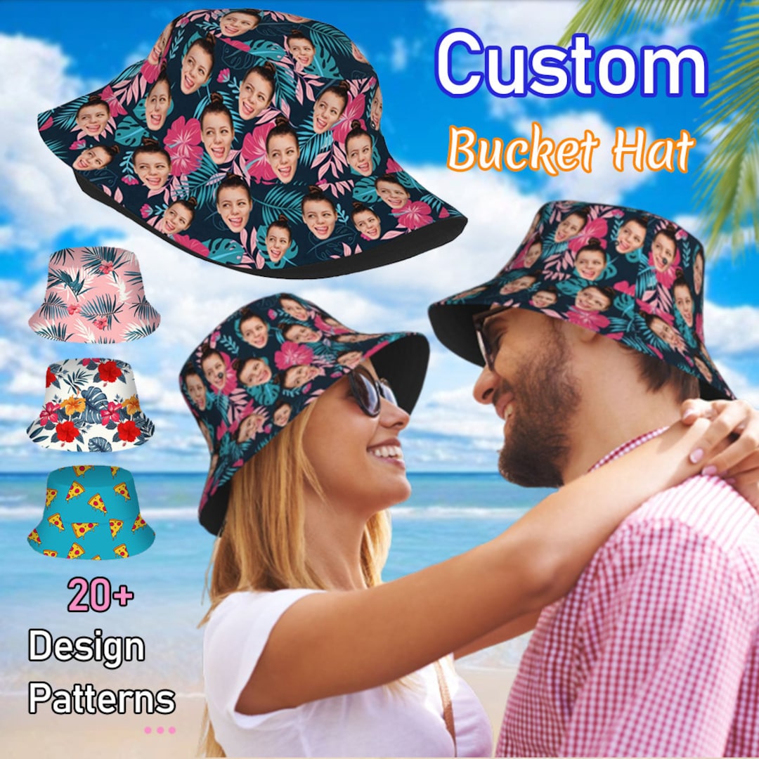Custom Photo Face Unisex Hawaiian Bucket Hat, Personalized Wide Brim ...