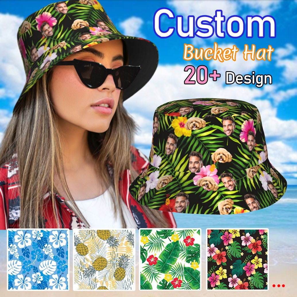Custom Photo Face Unisex Hawaiian Bucket Hat, Personalized Wide Brim ...