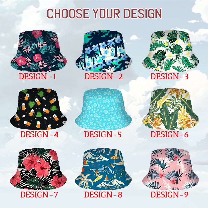 Custom Photo Face Unisex Hawaiian Bucket Hat, Personalized Wide Brim ...