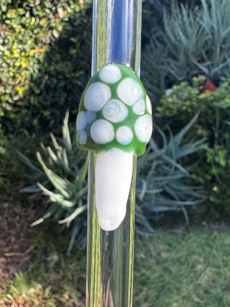 Handmade Green Glass Mushroom Straw Spotted Toadstool Artisan Drinkware ...