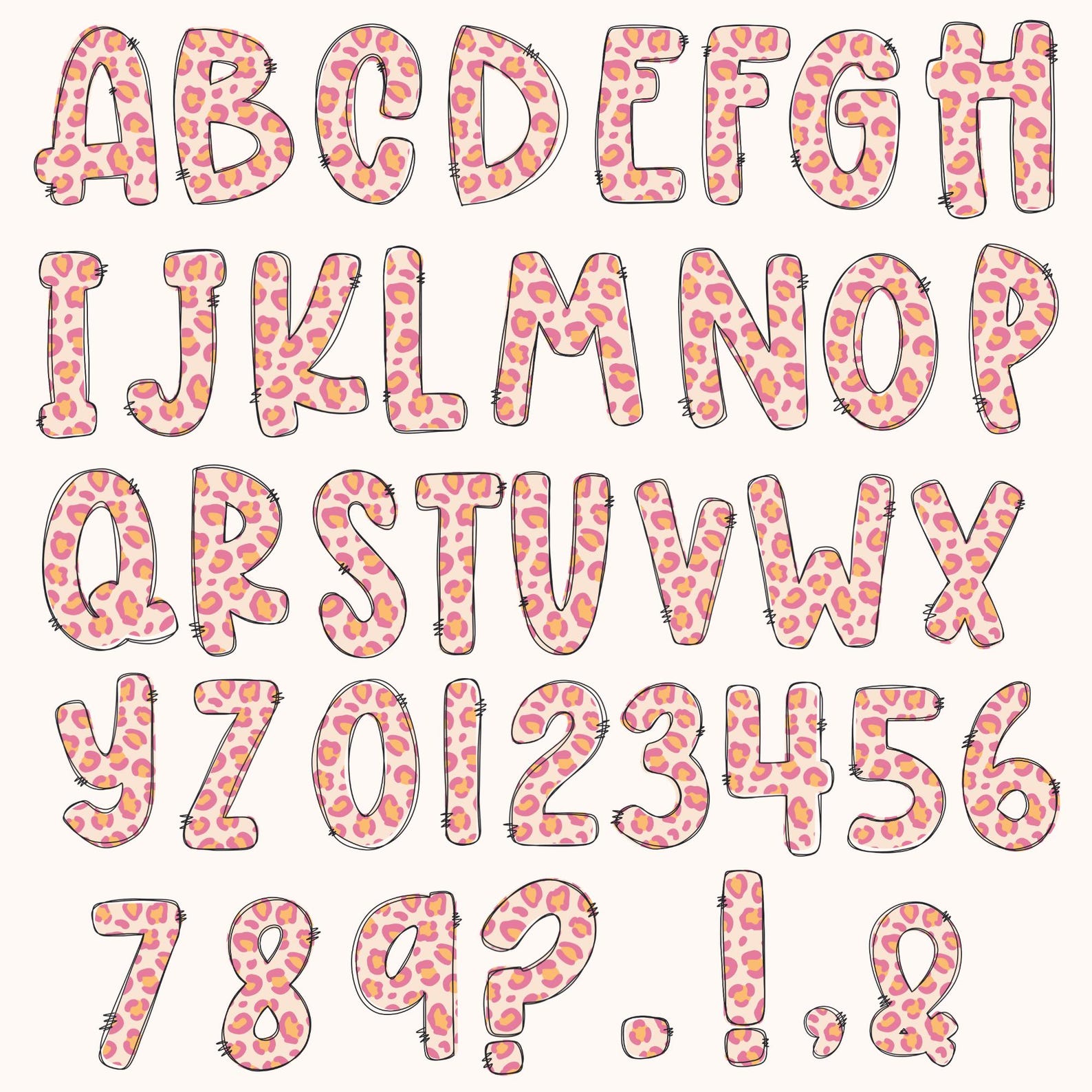 Pink Leopard Print Doodle Letters PNG: Sublimation Alphabet (digital ...