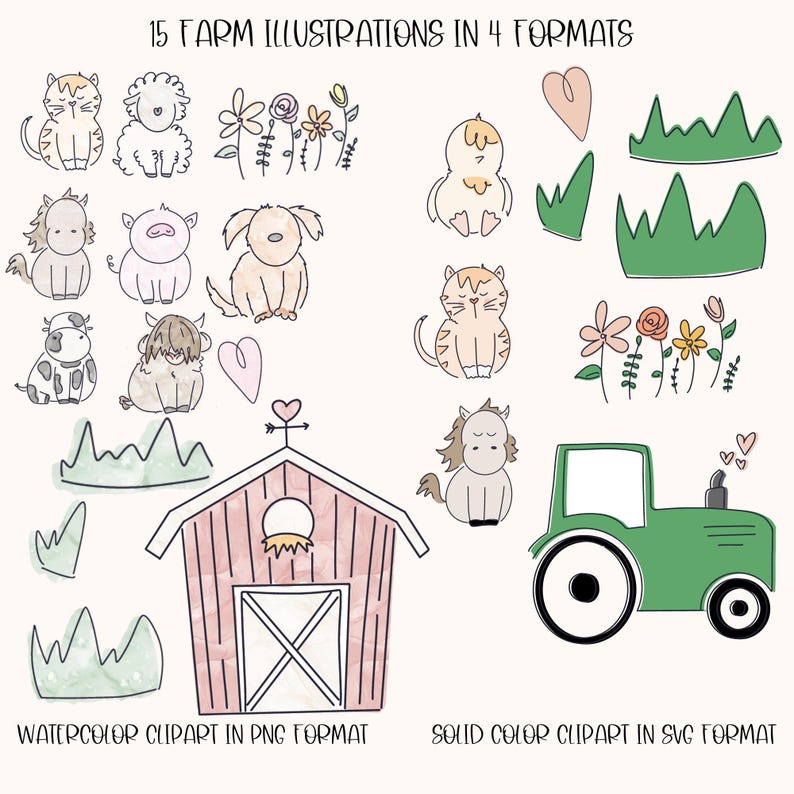 Farm Animals SVG Bundle, Tractor SVG File for Cricut, Watercolor Barn ...