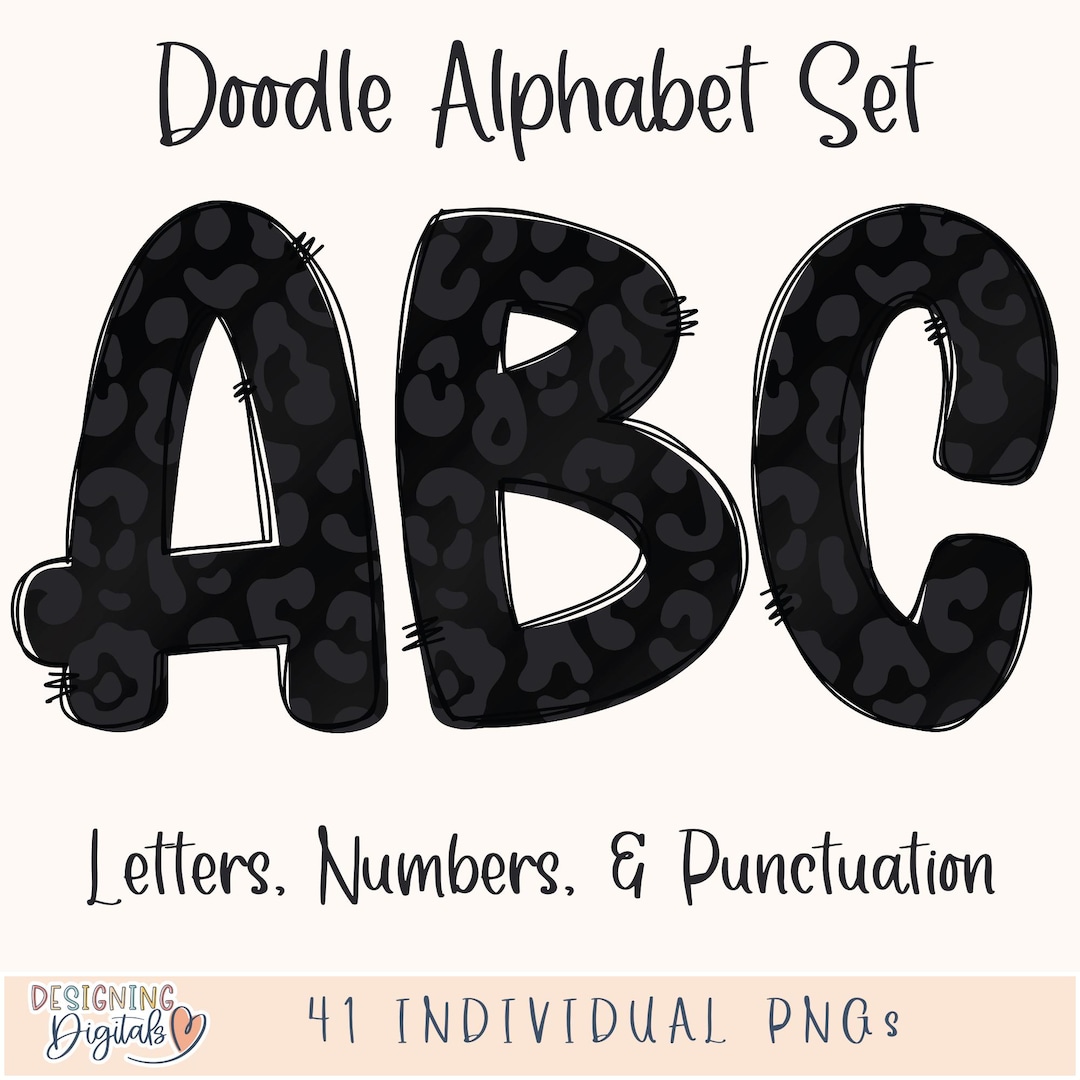 Black Leopard Print Doodle Letters PNG: Sublimation Alphabet (digital ...