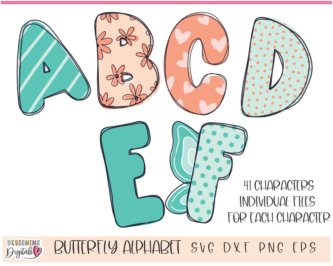 Butterfly SVG Doodle Letters, Butterfly PNG Doodle Font, Floral ...
