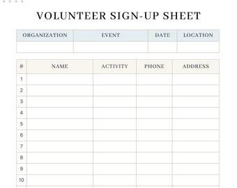 Volunteer Sign-up Sheet, Printable Sign in Sheet, Sign up Sheet ...