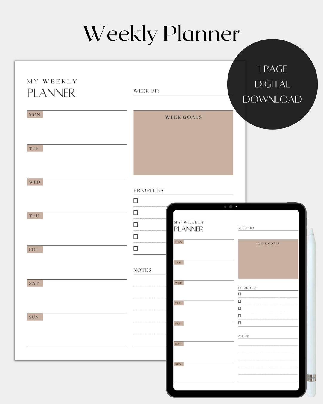 1 Page Weekly Planner, Week by Week, One Page Printable, Weekly Digital ...