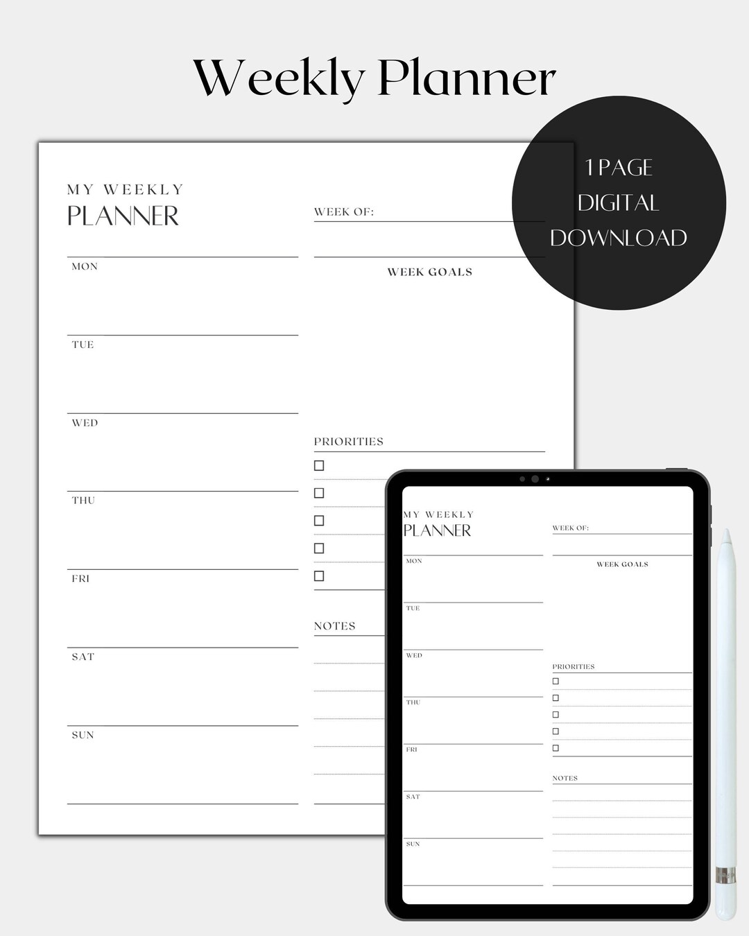 1 Page Weekly Planner, Week by Week, One Page Printable, Weekly Digital ...