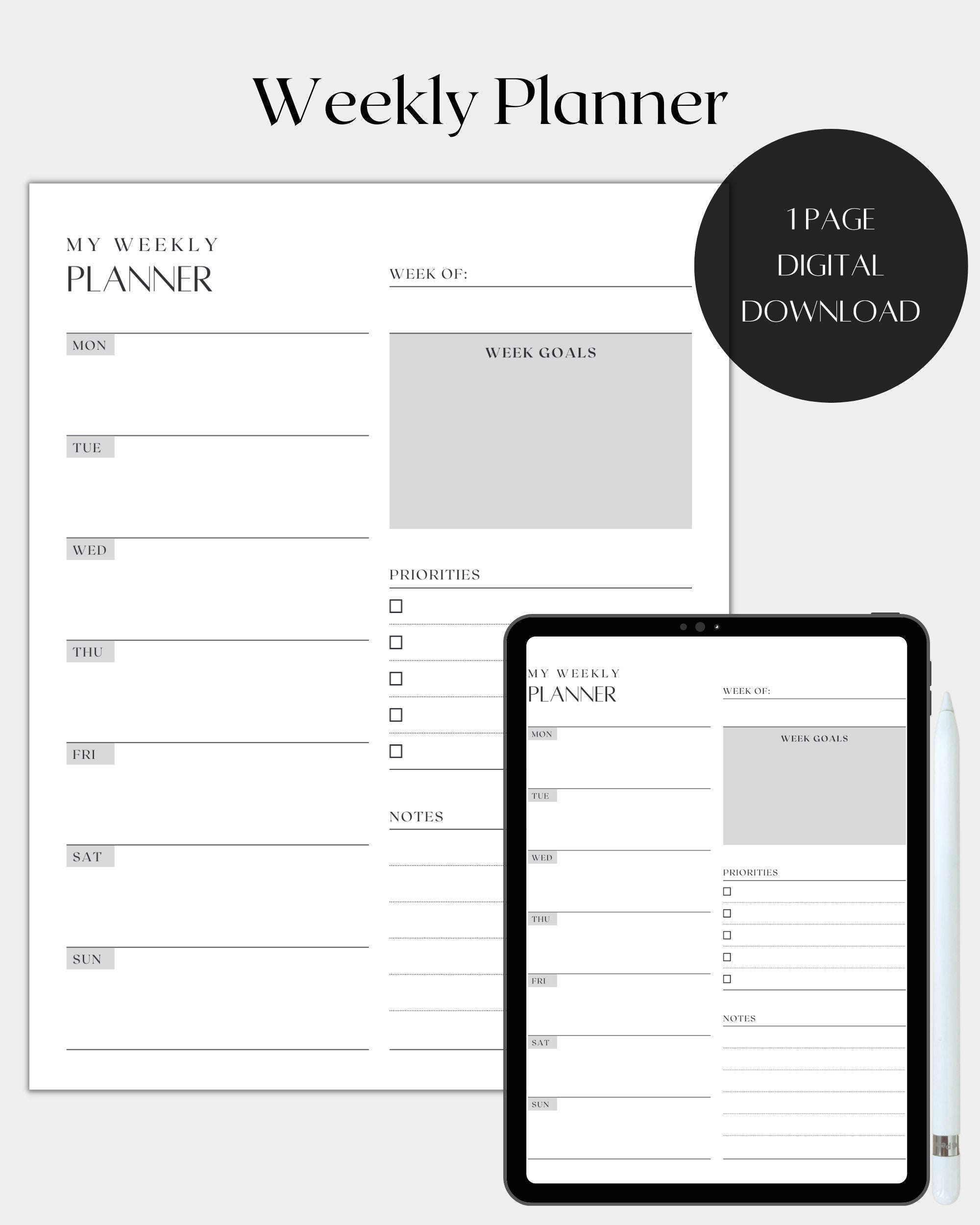 1 Page Weekly Planner, Week by Week, One Page Printable, Weekly Digital ...