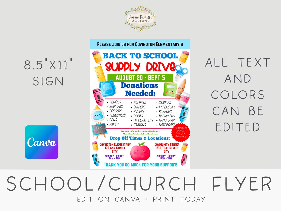Editable School Supply Drive Flyer, Back to School Supplies Fundraiser ...