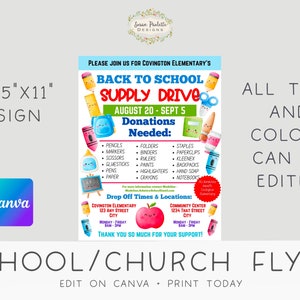 Editable School Supply Drive Flyer, Back to School Supplies Fundraiser ...