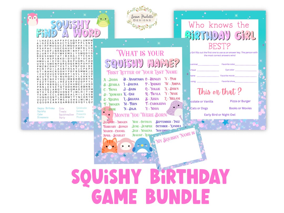 Sparkle Squishy Birthday Party Game Bundle, Printable Instant Digital ...