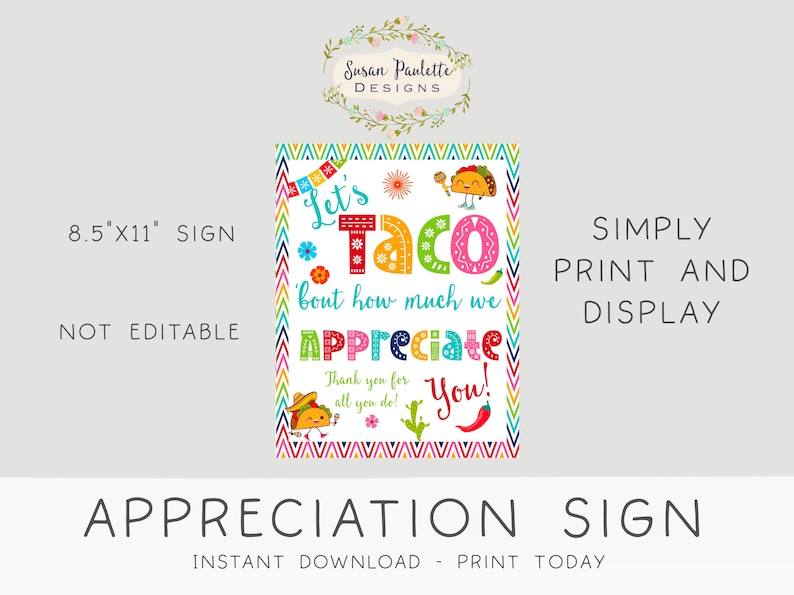 Teacher Appreciation Printable Sign 8.5x11, Instant Download PDF, Taco ...