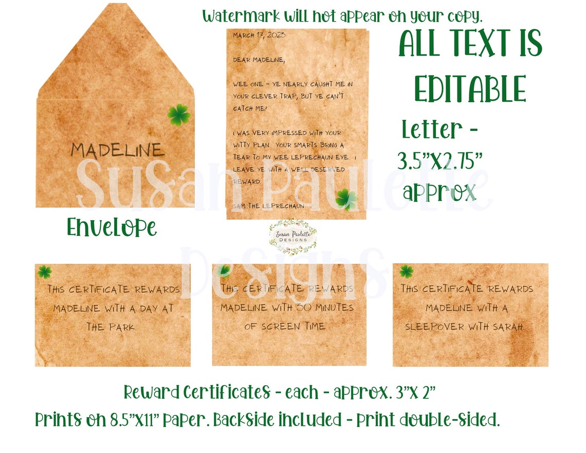Leprechaun Letter and Reward Certificate Set, Envelope Template ...