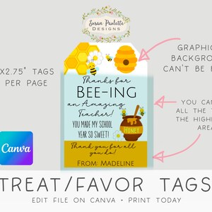 End of School Teacher Appreciation Tags, Honey Bee Printable Gift Tags ...